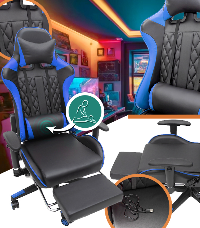 Scaun de masaj pentru gaming cu suport pentru picioare - albastru ...