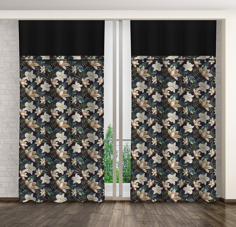 Draperie negru-bej, pe clești, cu flori decorative :: Lilly.ro